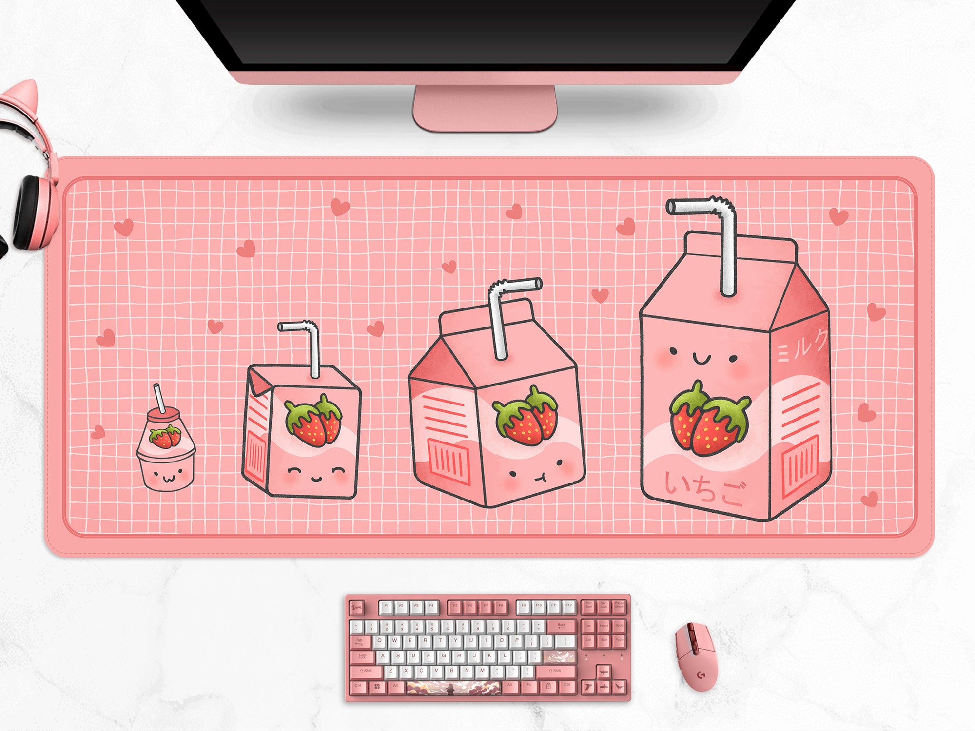 Strawberry Milk Desk Mat, Kawaii Pastel Pink Gaming Mousepad, Cute ...