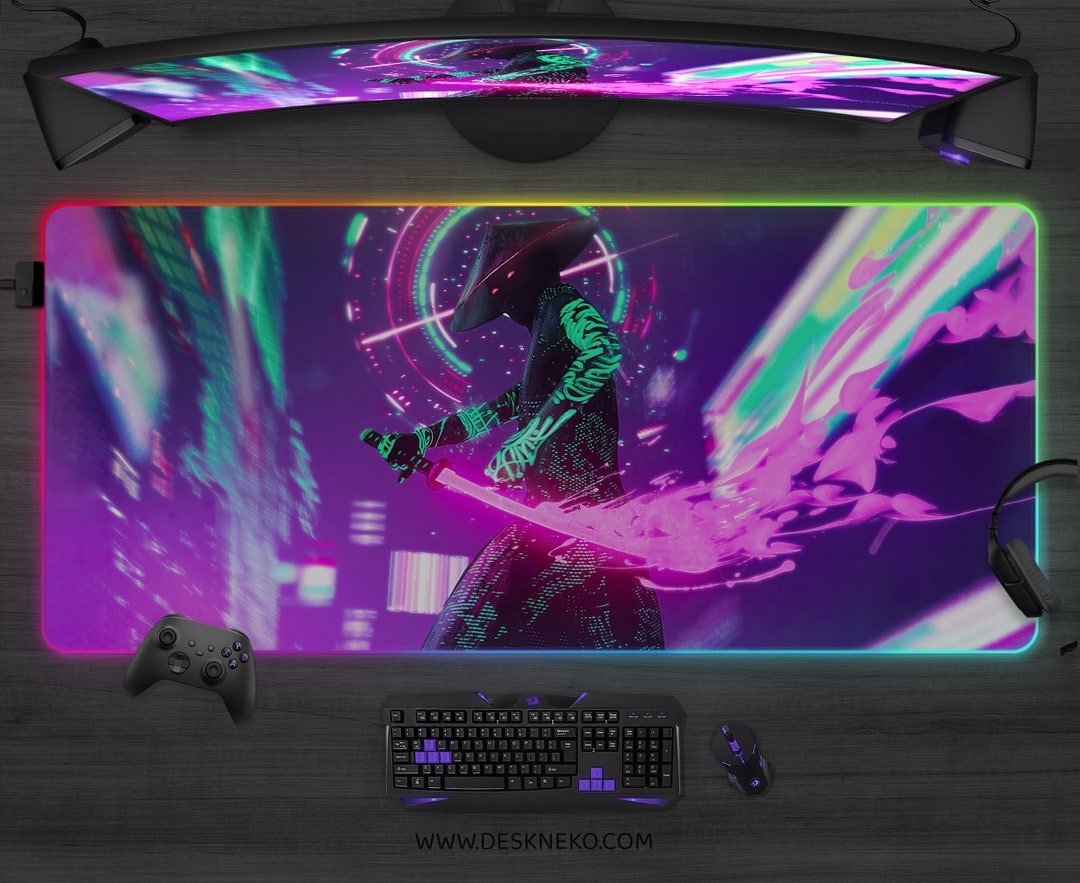 Neon Samurai Deskmat RGB LED, Oni Mousepad Japanese Warrior, Cyberpunk ...