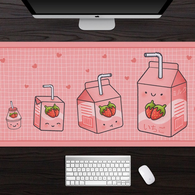 Strawberry Milk Desk Mat, Kawaii Pastel Pink Gaming Mousepad, Cute ...