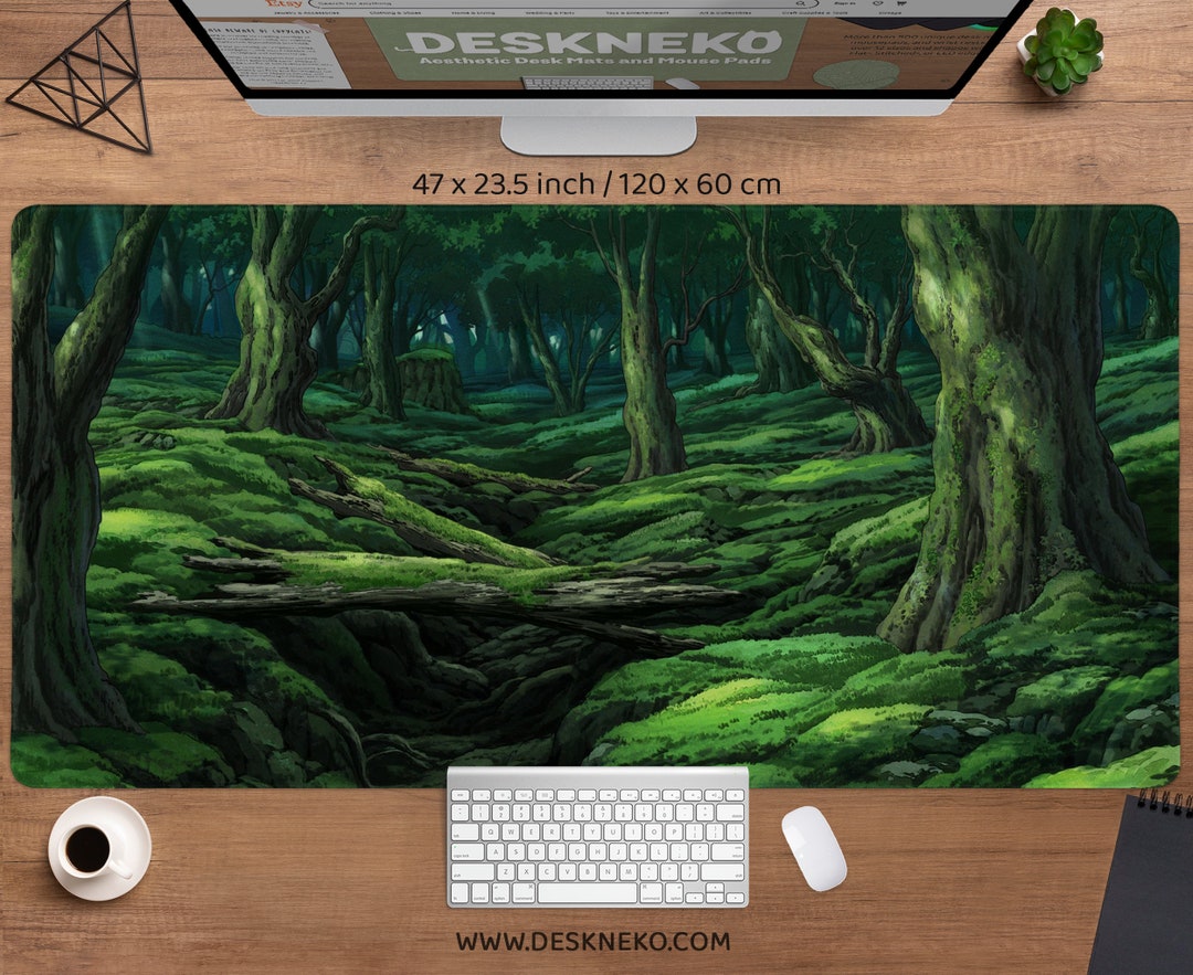 Forest Desk Mat Green, Anime Aesthetic Mousepad, Cute Trees Plants ...