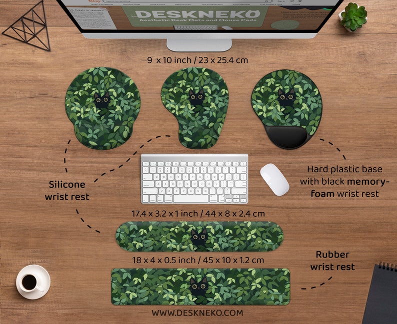 Cute Green Desk Mat Kawaii Black Cat Mousepad Aesthetic - Etsy