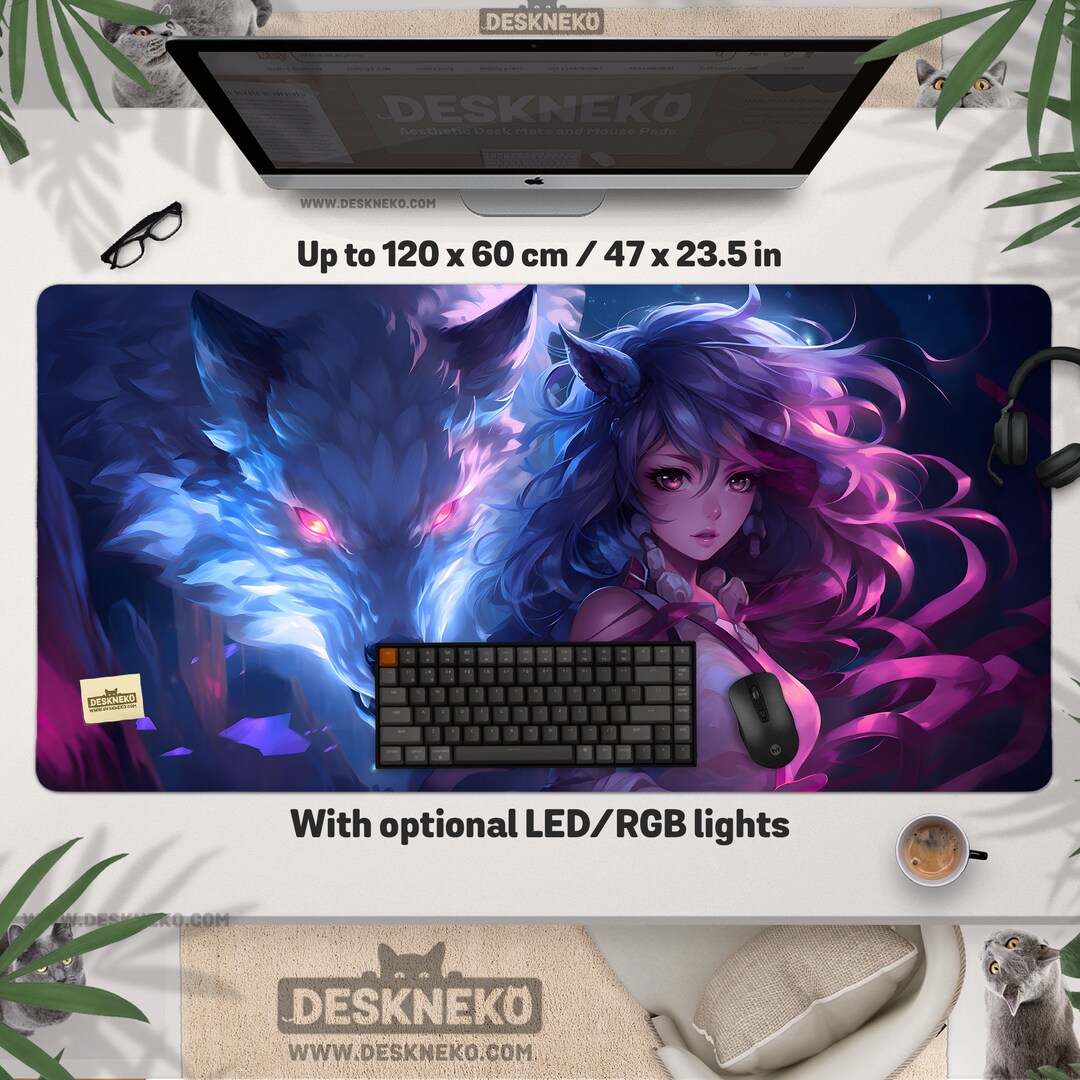 Furry Wolf Desk Mat: Playmat or Mouse Pad, Indigo Anime Mousepad Led ...