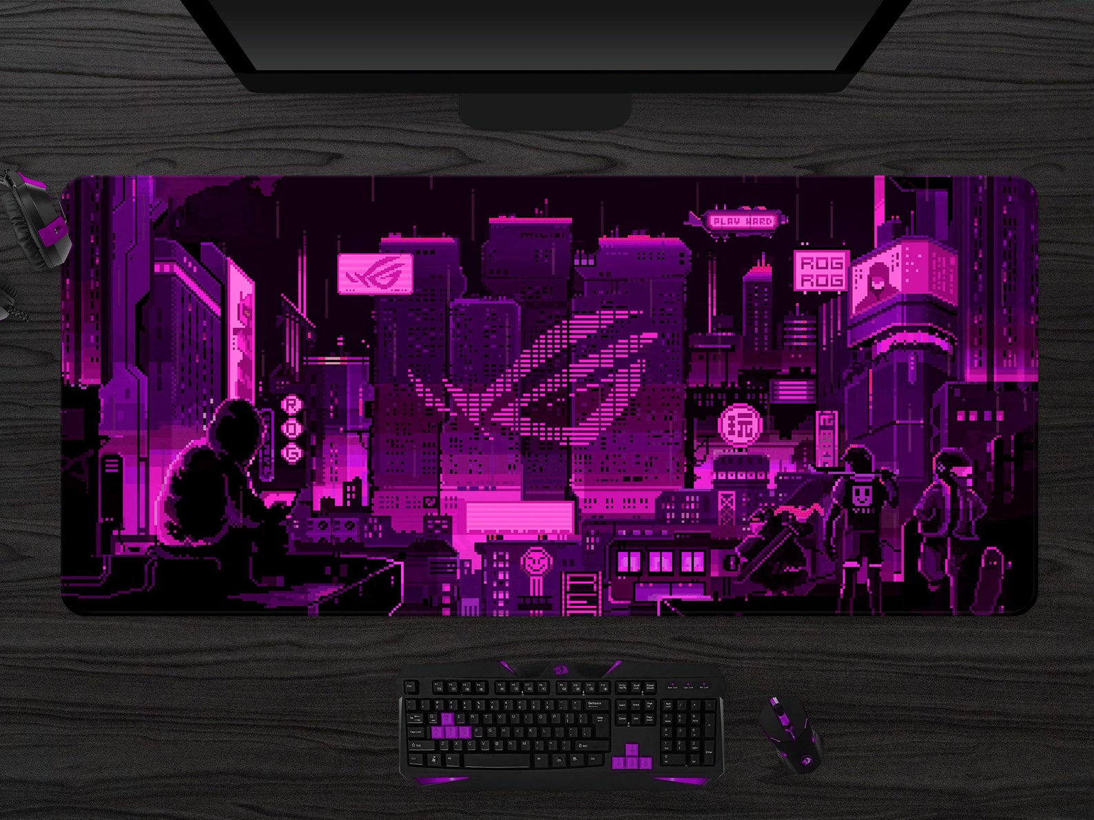 Purple Gaming Desk Mat, Vaporwave Mousepad Xl, Neon Tokyo Japan, Extra ...