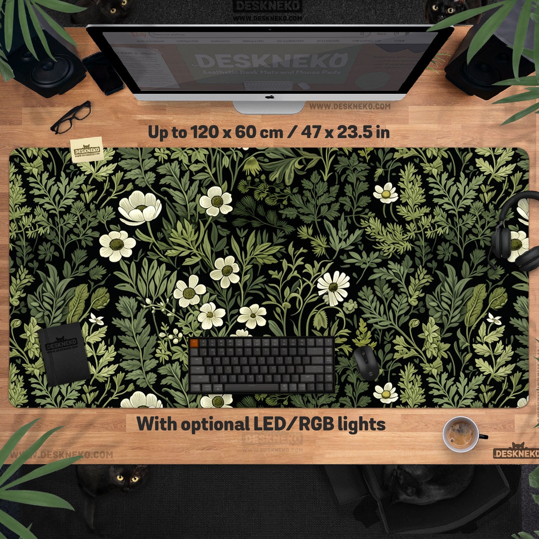Dark Green Desk Mat Mouse Pad, Botanical Deskmat Xl, Cottagecore Plants ...