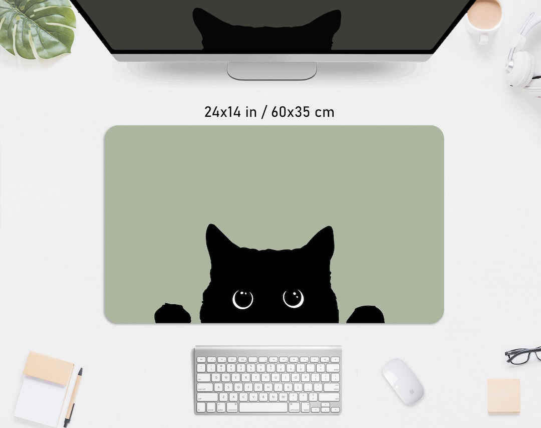 Cute Cat Desk Mat Mousepad Green, Black Peeking Kitten Peeks Over the ...