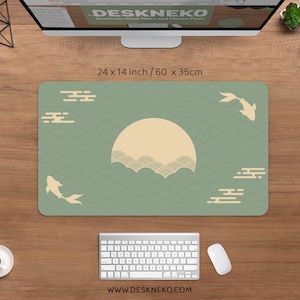 Japanese Desk Mat, Sage Green Mousepad Aesthetic, Clouds Koi Fish Sun ...