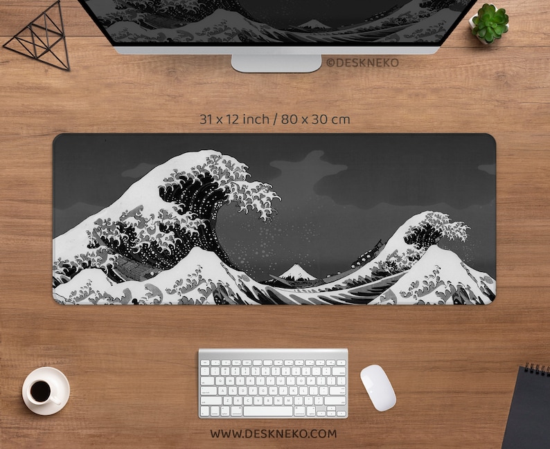 Japanese Mouse Pad Great Wave, Black and White Gaming Desk Mat RGB LED ...