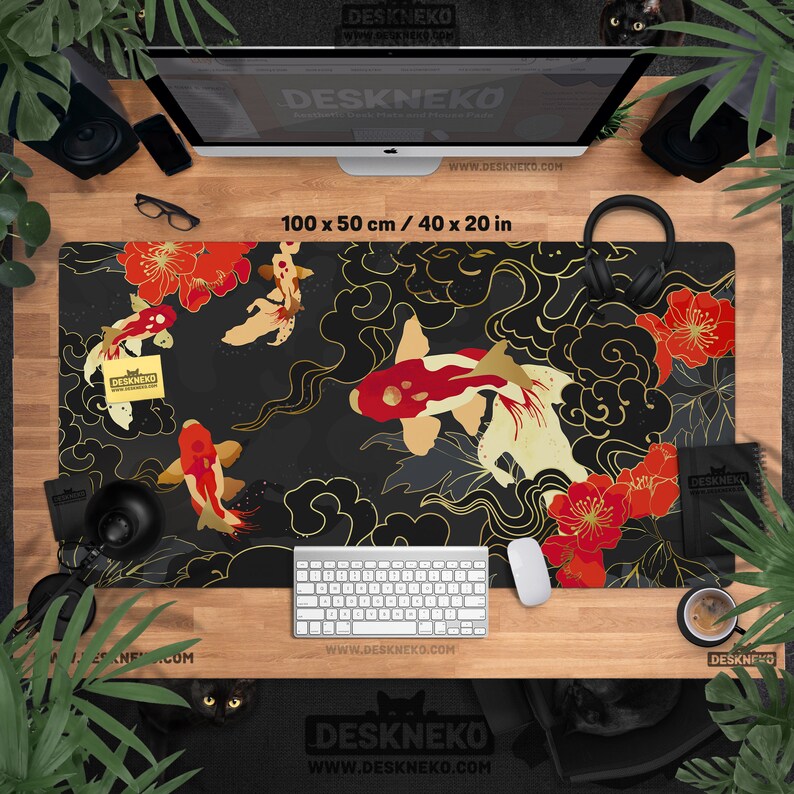 Japanese Desk Mat Koi, Large Mousepad, Black Gold Abstract Oriental Art ...
