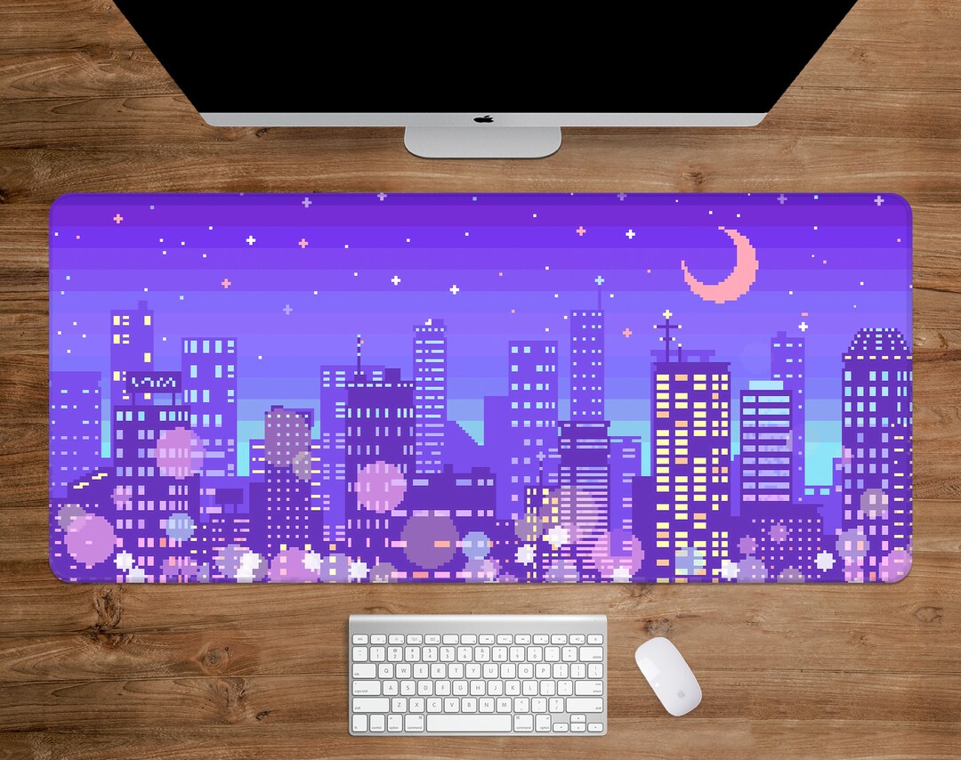 Purple Mousepad Tokyo Street Desk Mat, Vaporwave Neon Anime City Pixel ...