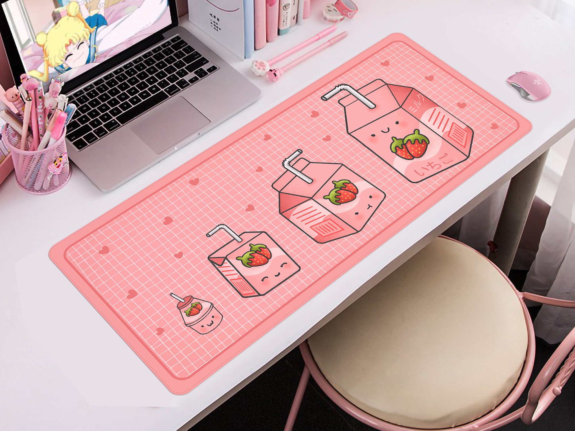 Strawberry Milk Desk Mat, Kawaii Pastel Pink Gaming Mousepad, Cute ...