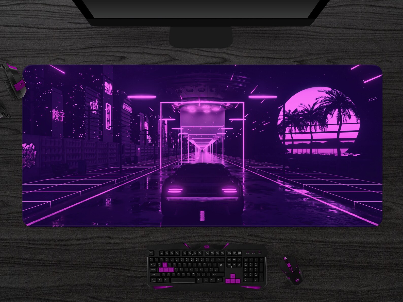 Purple Gaming Desk Mat Xl Neon Tokyo Mousepad Futuristic - Etsy