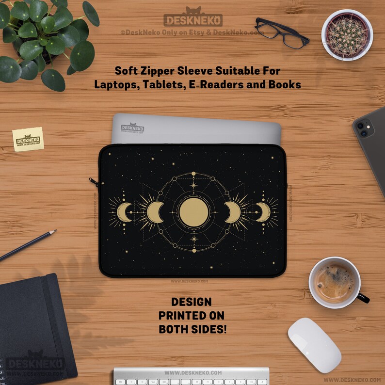 Moon Phases Laptop Sleeve, Black Gold Computer Bag for Women, Witchy ...