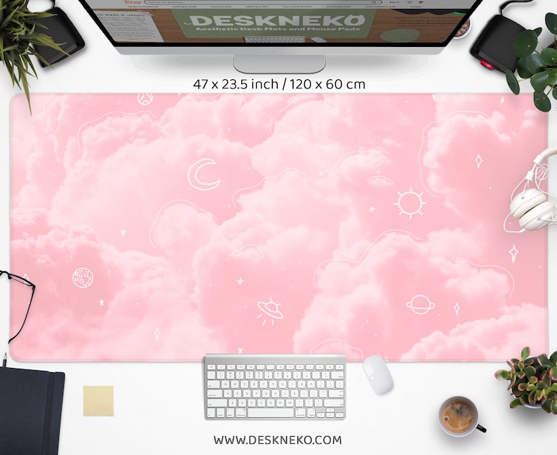 Pink Desk Pad Kawaii, Cute Mousepad Clouds, Kawai Moon Aesthetic ...