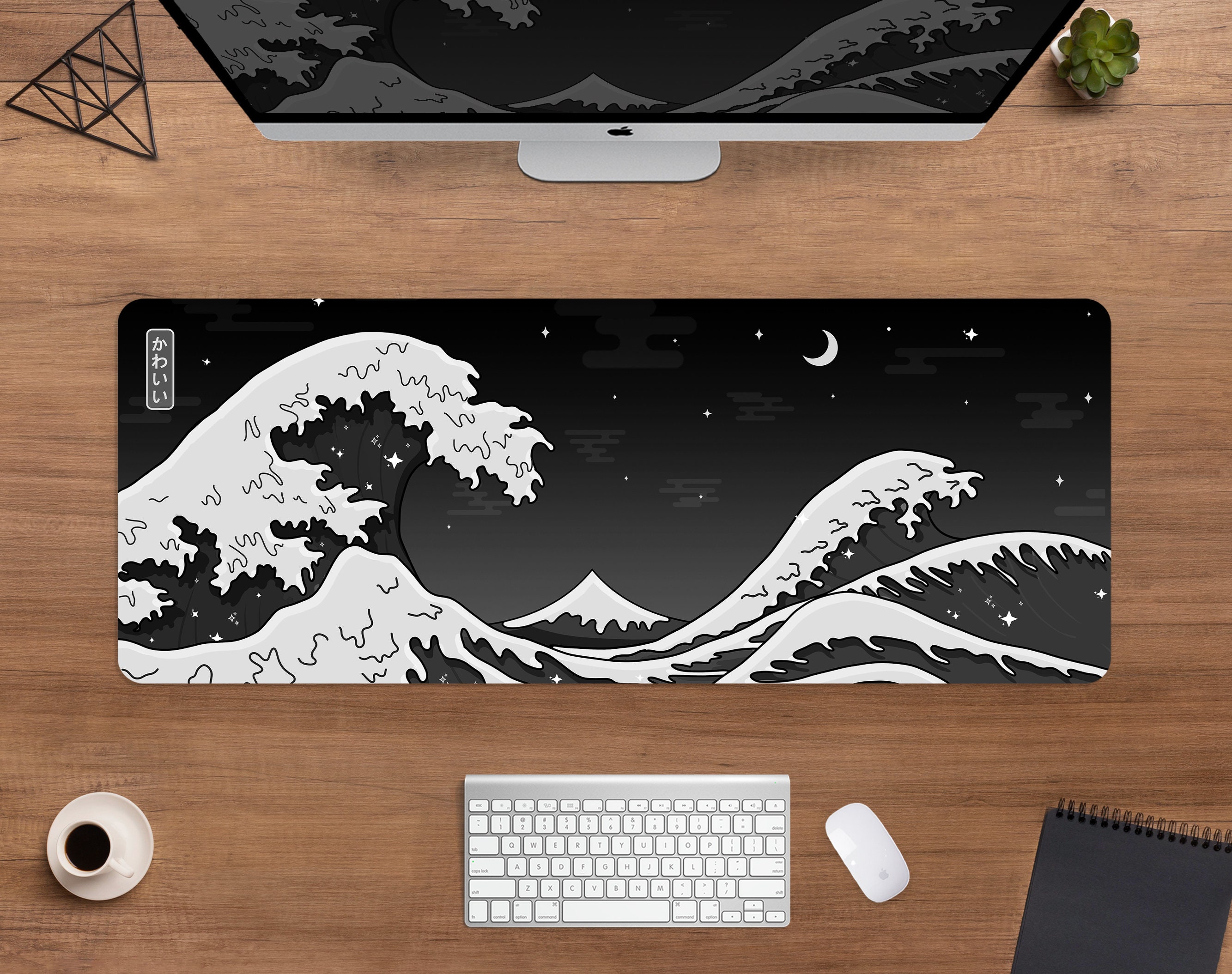 Black and White Desk Mat Wave Mousepad, Hokusai Great Wave Minimal Dark ...