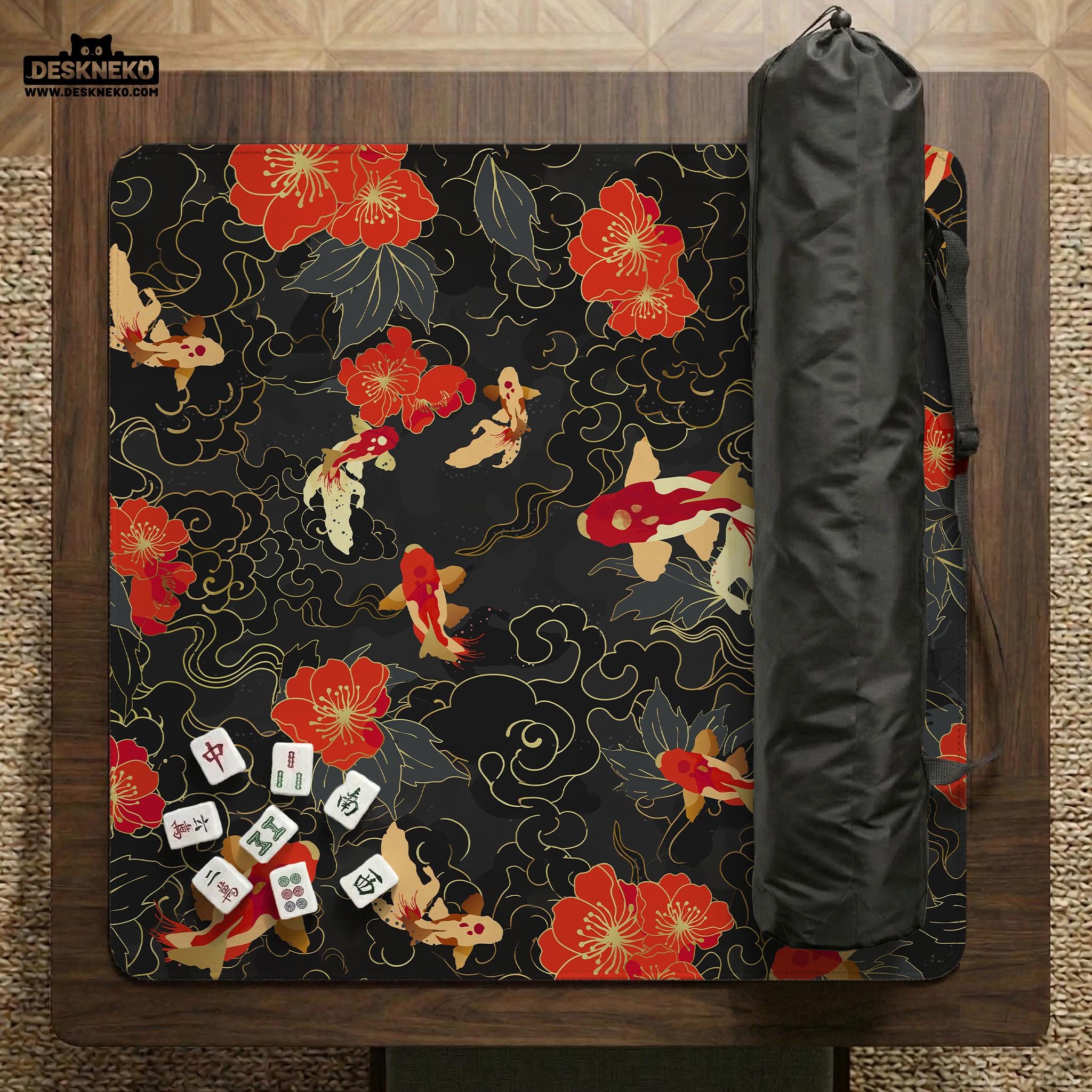 Mahjong Mat, Koi Fish Cherry Blossom Black Gold, Playmat Japanese ...