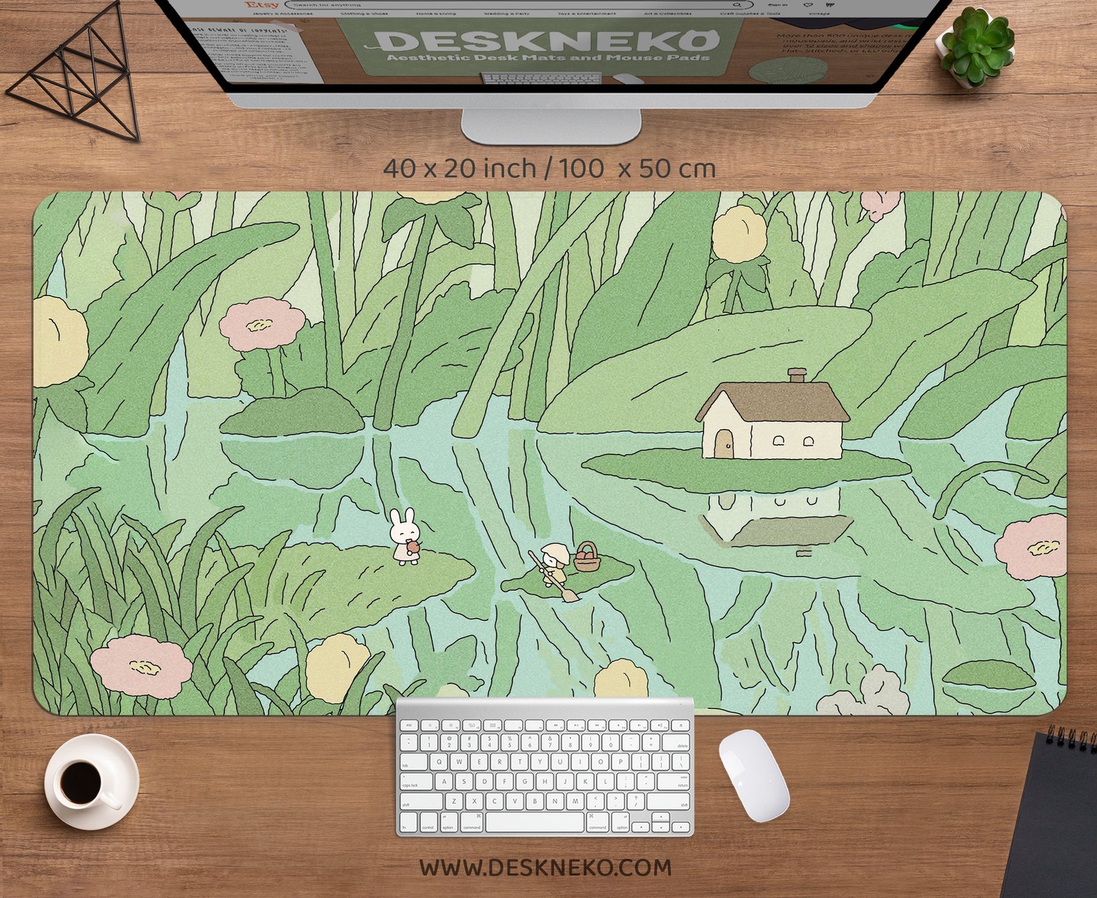 Cute Desk Mat Kawaii, Green Mousepad Aesthetic, Japanese Plants Lily ...