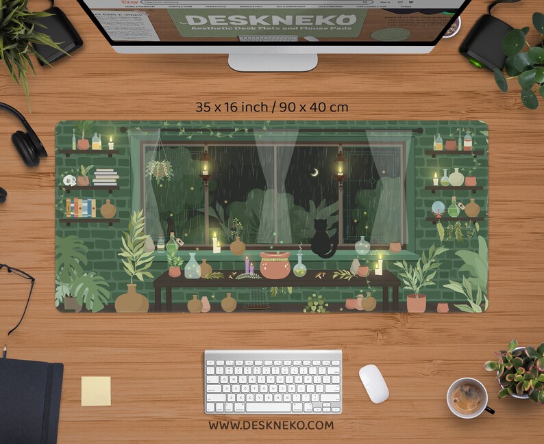 Witchy Desk Mat Cute Cozy Mousepad Large Green Plants Mouse - Etsy