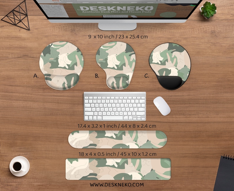 Cute Cats Desk Mat Large, Sage Green Mouse Pad Matcha, Beige off White ...