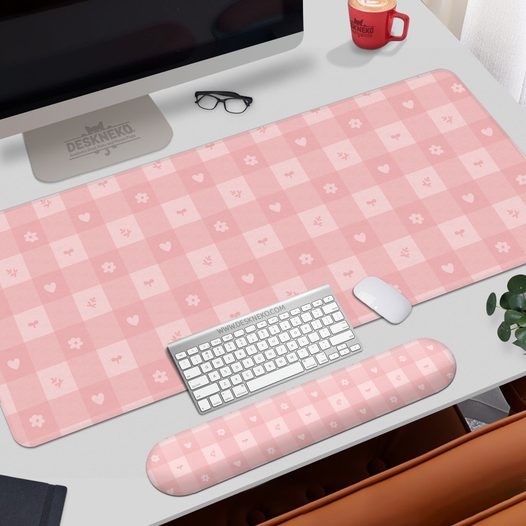 Cute Desk Mat Pastel, Pink Deskmat Kawaii, Minimalist Gingham Floral ...