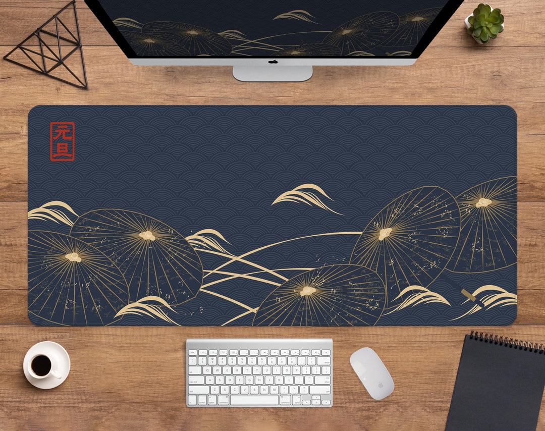 Japanese Desk Mat Large Mousepad, Blue Gold Waves Grey Black Stamp ...