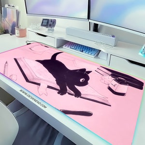 Pink Desk Mat Cute Cat, Aesthetic Mousepad Pastel, Kawaii Manga Anime ...