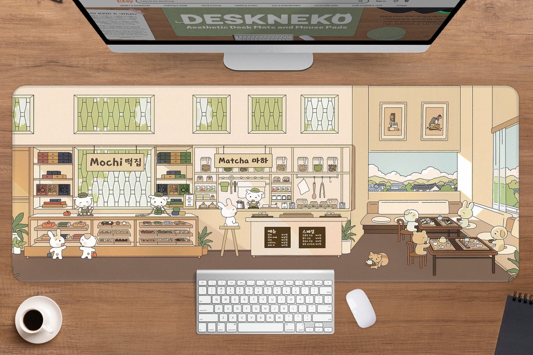 Kawaii Desk Mat, Cute Mousepad, Korean Matcha Tea Cafe, Mochi Green ...