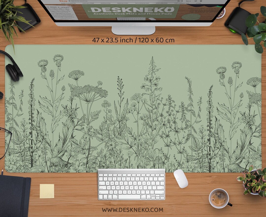 Sage Green Deskmat Flowers, Nature Mousepad Large, Boho Floral Desk Mat ...