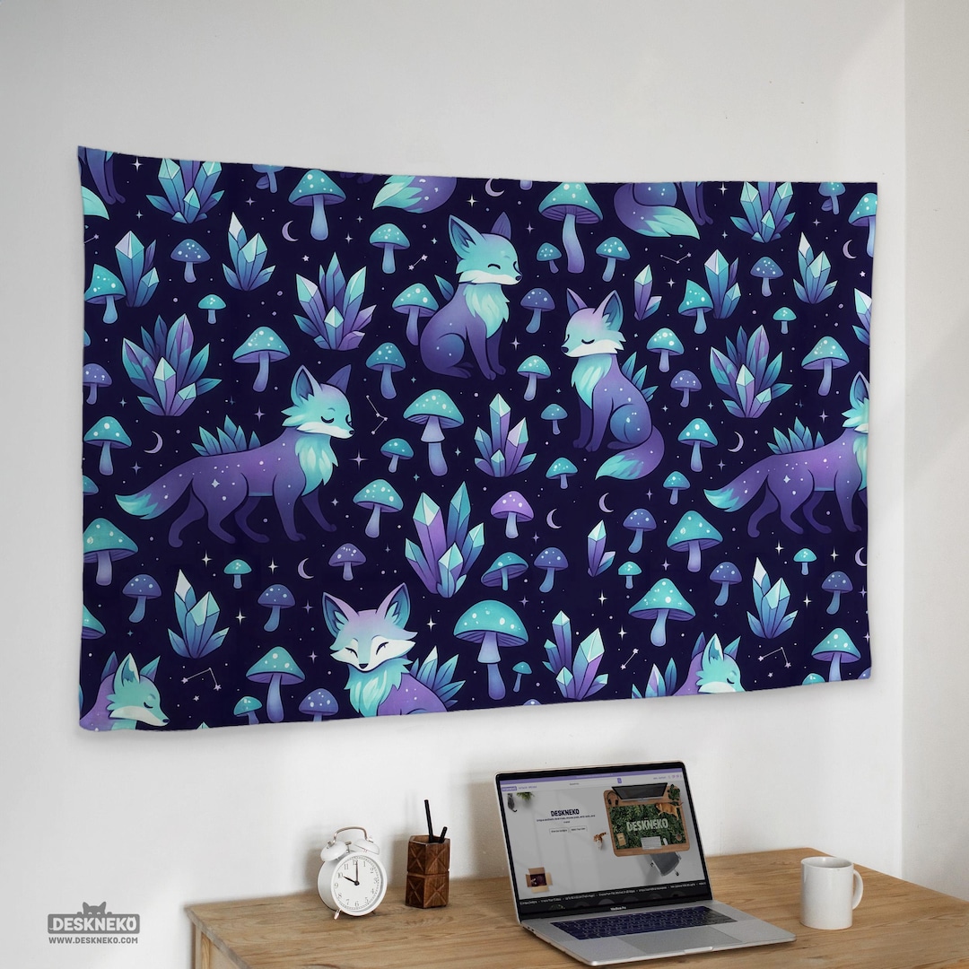 Crystal Fox Wall Tapestry, Celestial Kawaii Decor Midnight Navy Teal ...