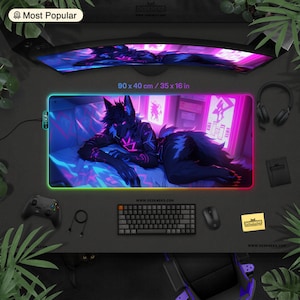 Furry Desk Mat, Large Mouse Pad LED: Gaming Deskmat RGB, Neon Dog Fox ...
