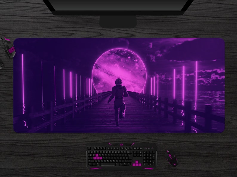 Purple Gaming Desk Mat Xl Neon Tokyo Mousepad Futuristic - Etsy