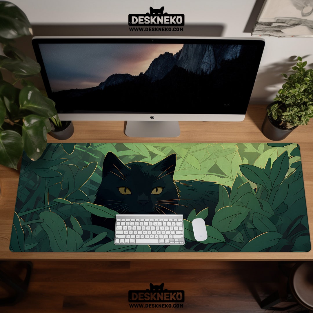 Green Desk Mat Cute, Black Cat Mouse Pad, Forest Deskmat Large, Soft ...