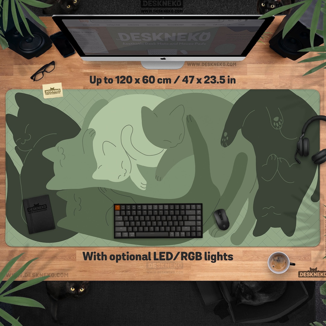 Sage Cats Desk Mat Mouse Pad, Green Mousepad Cute, Kawaii Cat Deskmat ...