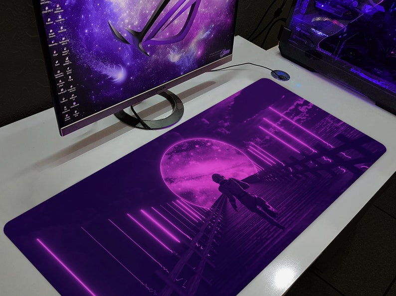 Purple Gaming Desk Mat Xl Neon Tokyo Mousepad Futuristic - Etsy