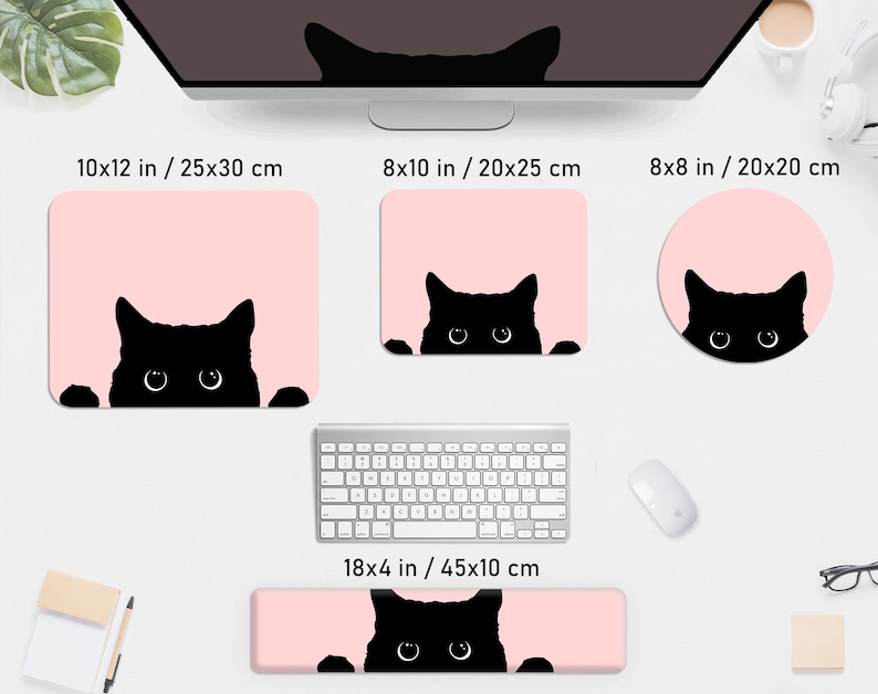 Peeking Cat Mousepad Pink Desk Mat, Black Kitten Peeking Over the Edge ...