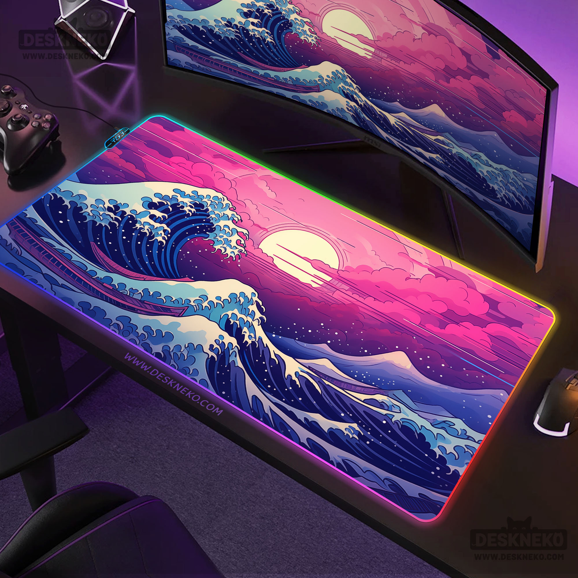 Great Wave Mouse Pad LED: Large Desk Mat RGB, Neon Purple Japanese ...