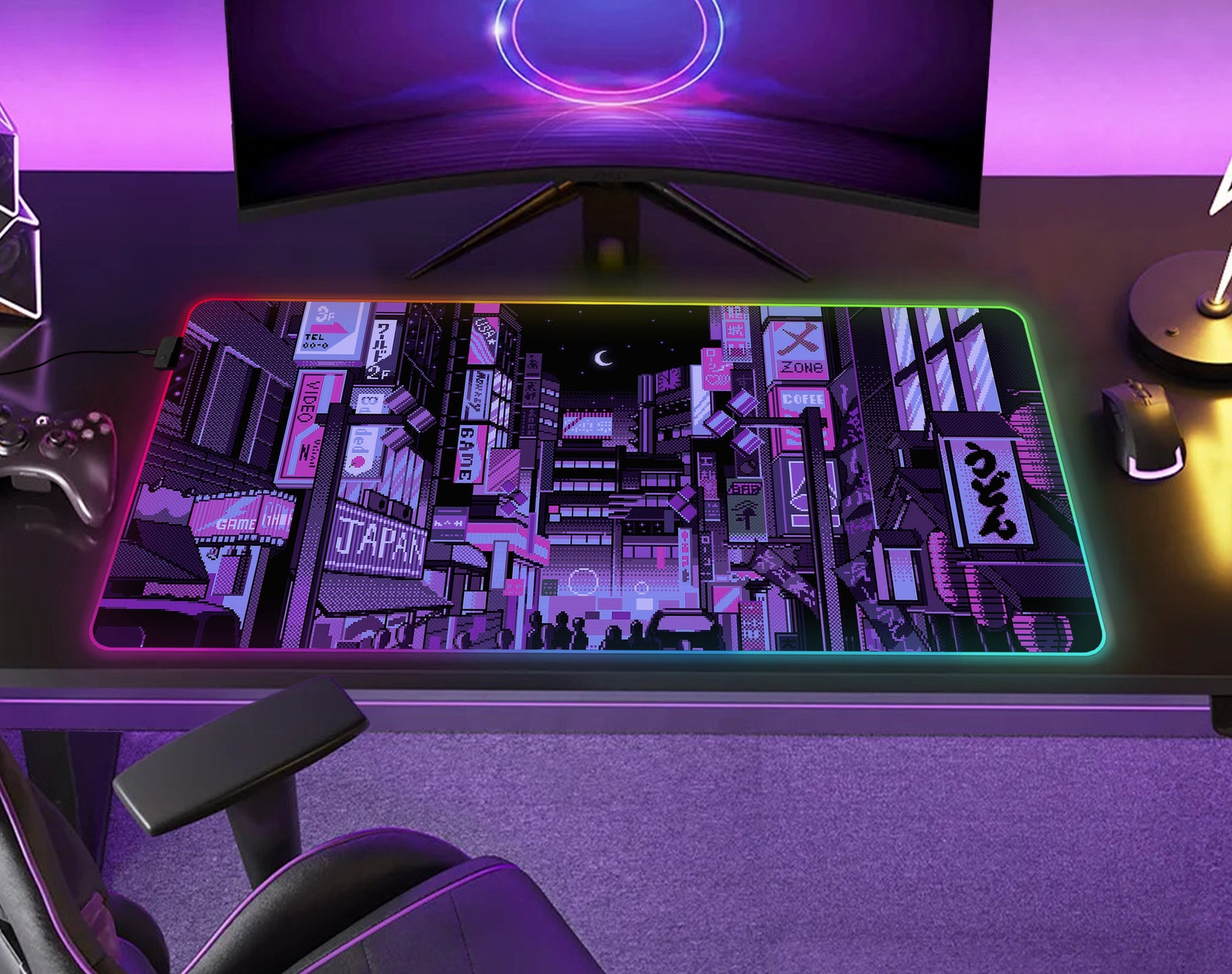 Neon Tokyo Desk Mat RGB LED Gaming Mousepad With Adjustable - Etsy