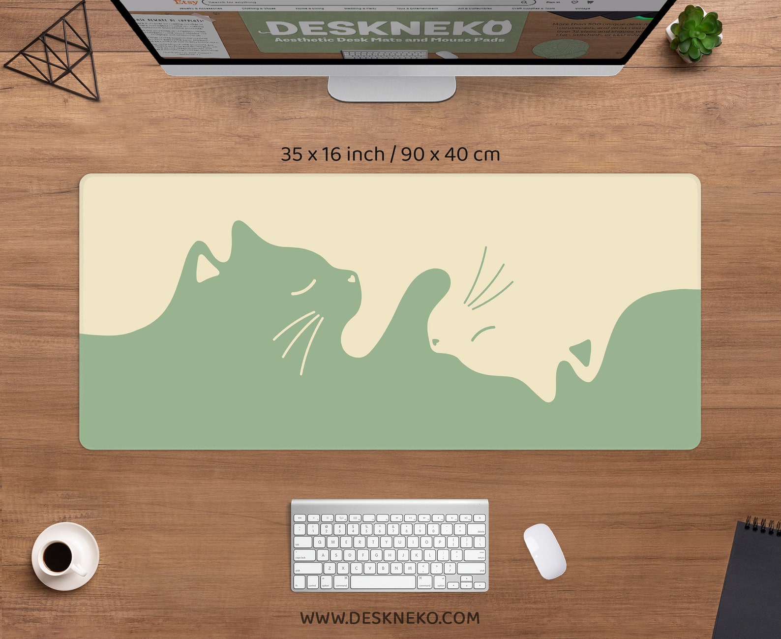 Cute Cats Deskmat, Matcha Green Mousepad Minimalist, Kawaii Cat Sage ...