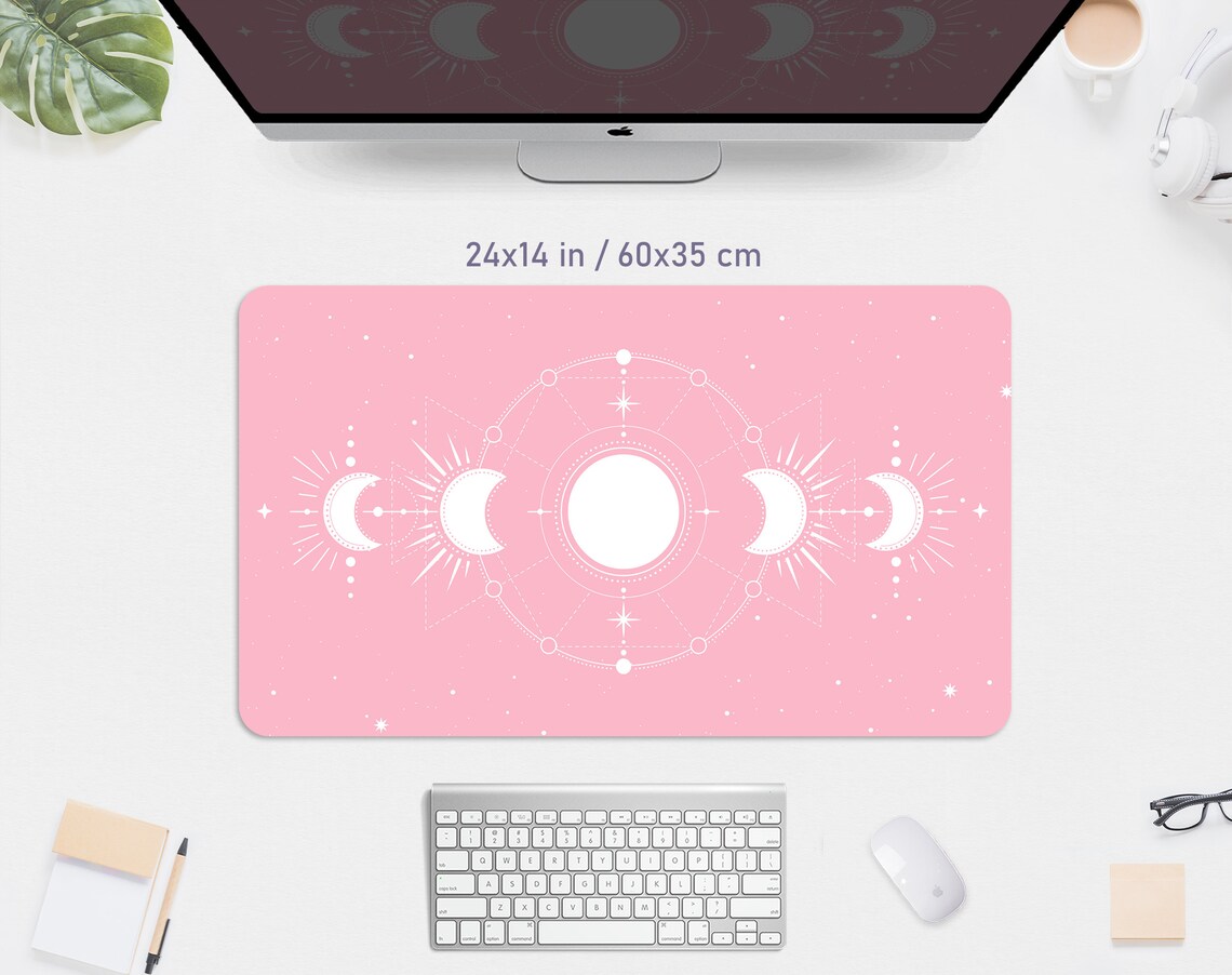 Celestial Desk Mat Pink Mousepad Cute Pastel Moon Phases - Etsy