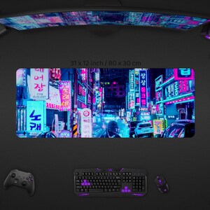 Neon Street Desk Mat, Cyan Gaming Mousepad, Japanese Vaporwave ...