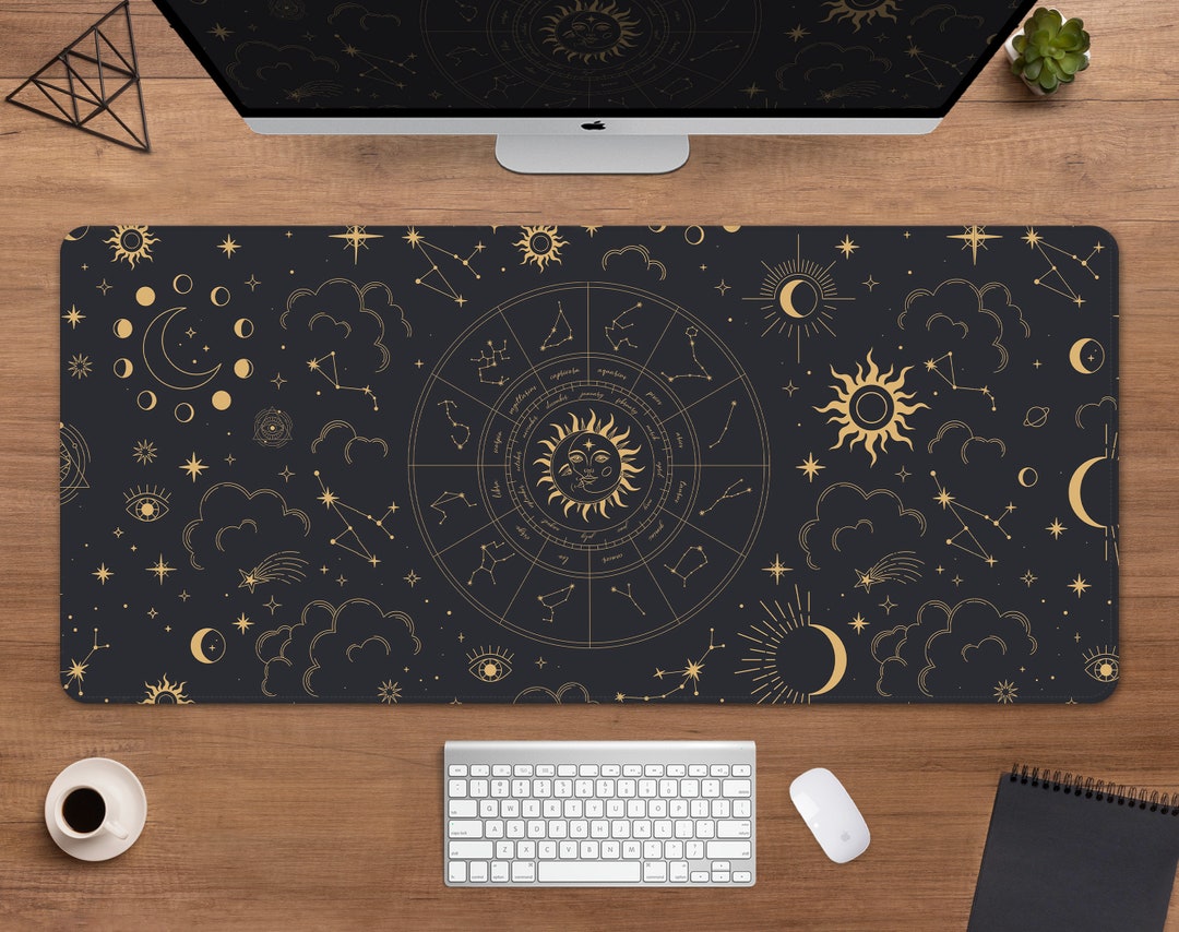 Constellation Desk Mat Astrology Mousepad Xl, Gold Black Zodiac Wheel ...