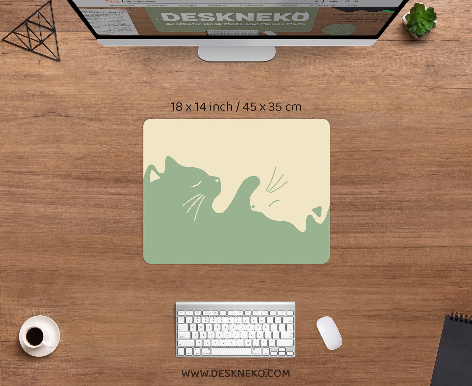 Cute Cats Deskmat, Matcha Green Mousepad Minimalist, Kawaii Cat Sage ...