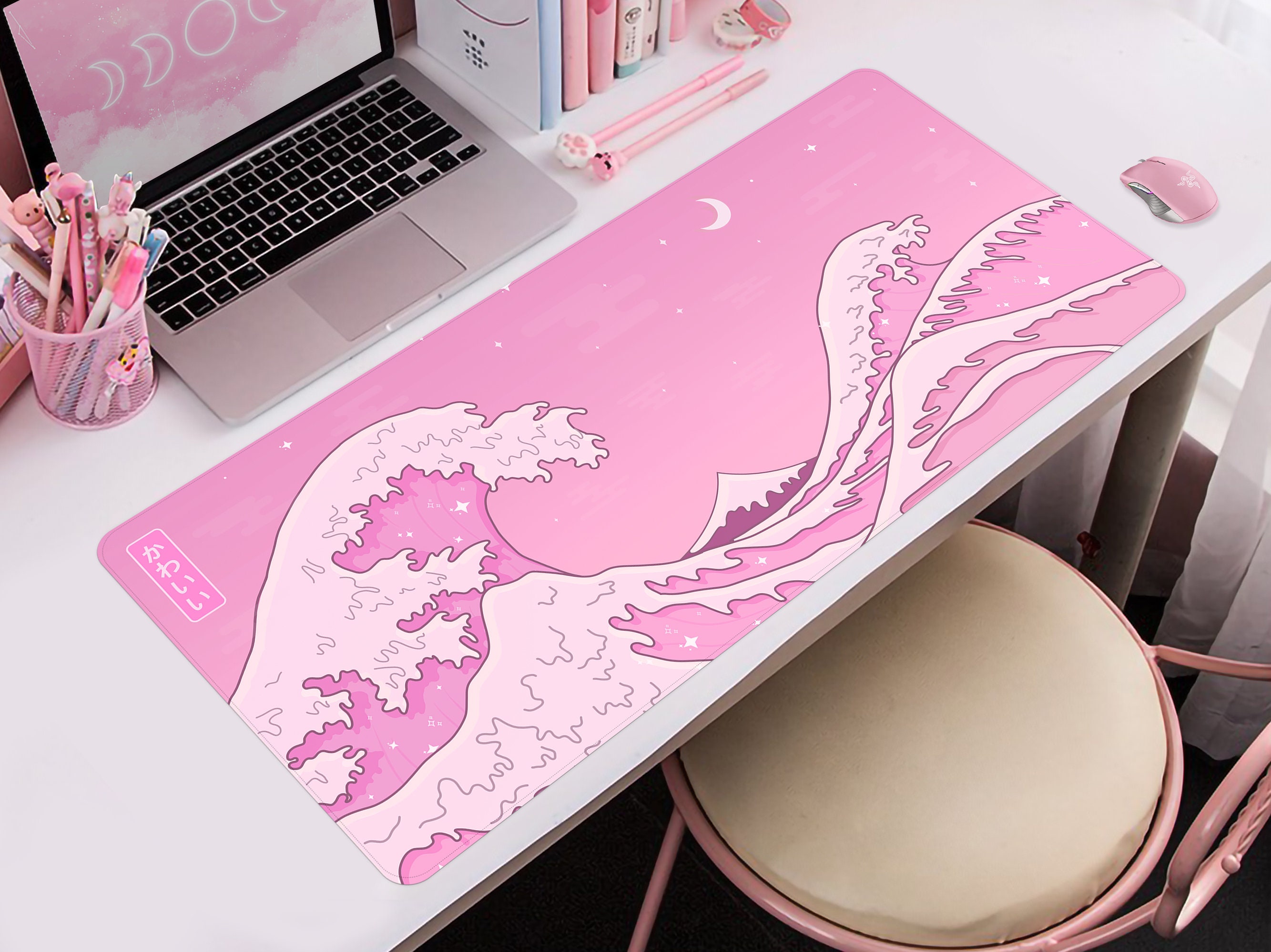 Kawaii Desk Mat, Pink Wave, Cute Pastel Anime Aesthetics, Moon and ...