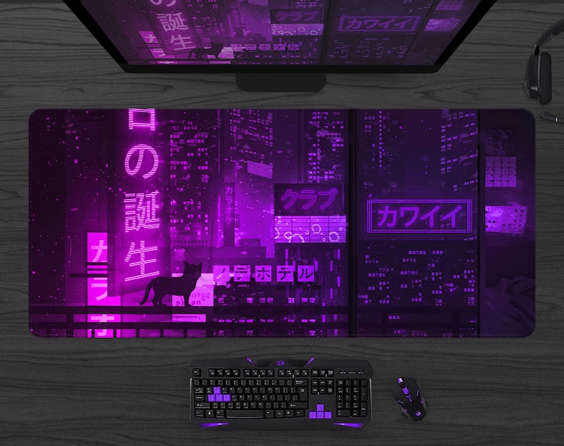 Neon Tokyo Desk Mat, City Skyline Mousepad, Purple Japanese Anime ...