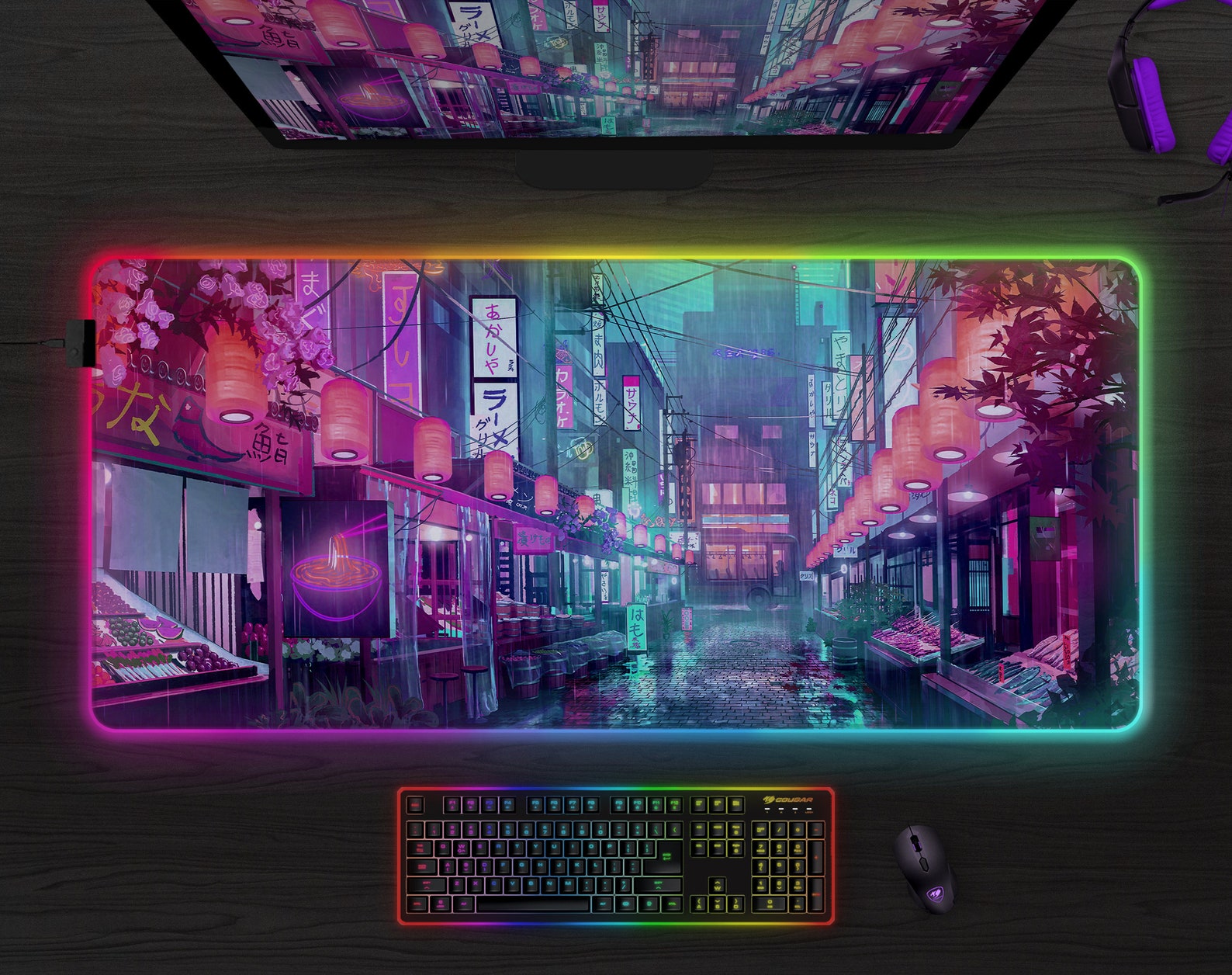 RGB Desk Mat Gaming Mousepad LED, Retro Neon Tokyo Vaporwave Synthwave ...
