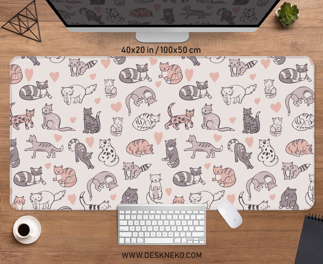 Cute Cats Desk Mat Minimal Mousepad, Beige White Mouse Pad, XXL Gaming ...
