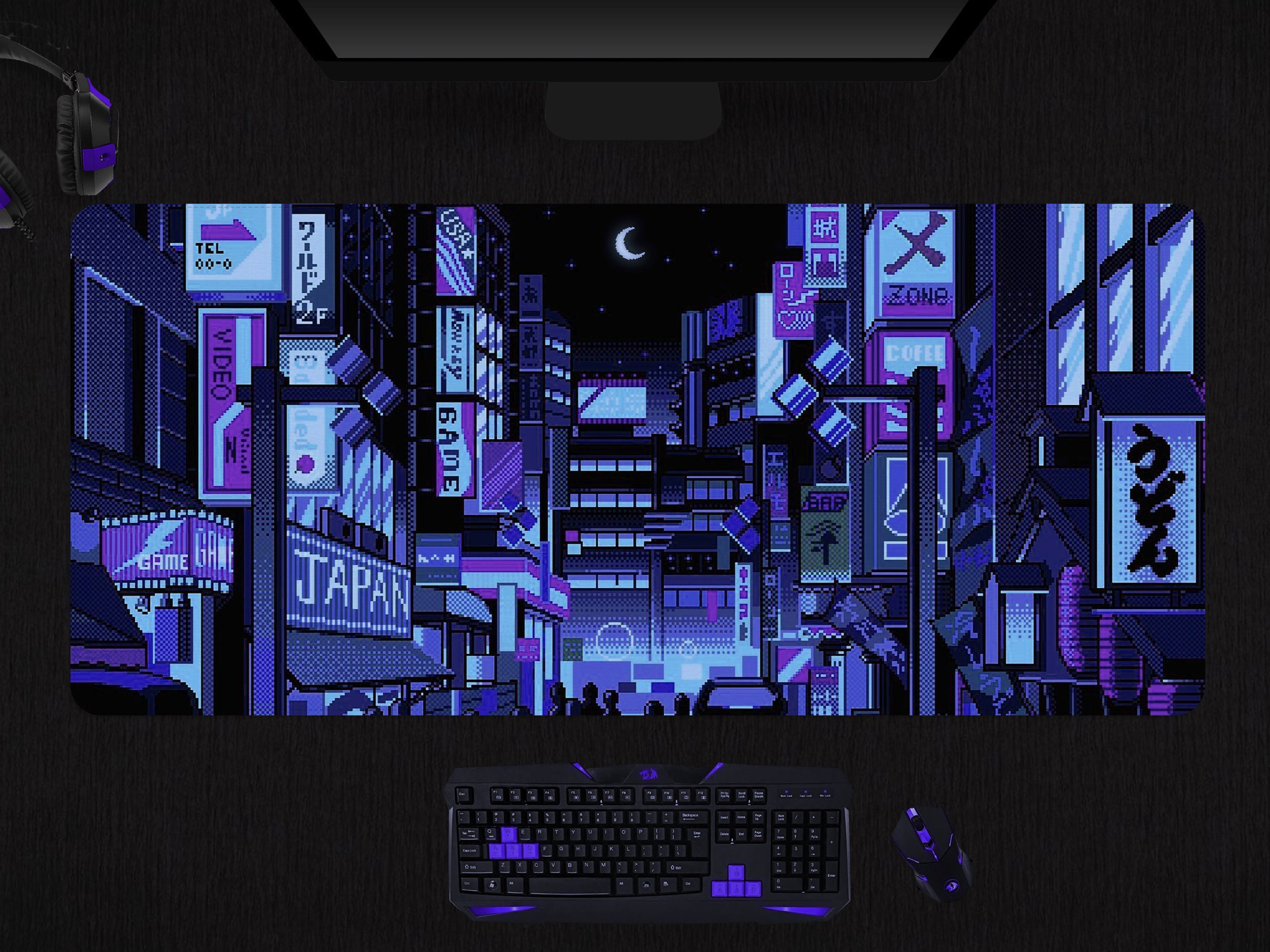 Retro Vaporwave Mousepad Neon Tokyo Street Pixel Art Purple | Etsy
