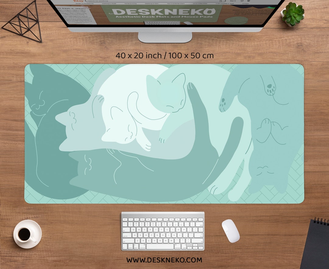 Mint Green Desk Mat Cats, Pastel Mouse Pad Minimalist, Sea Ocean Light ...