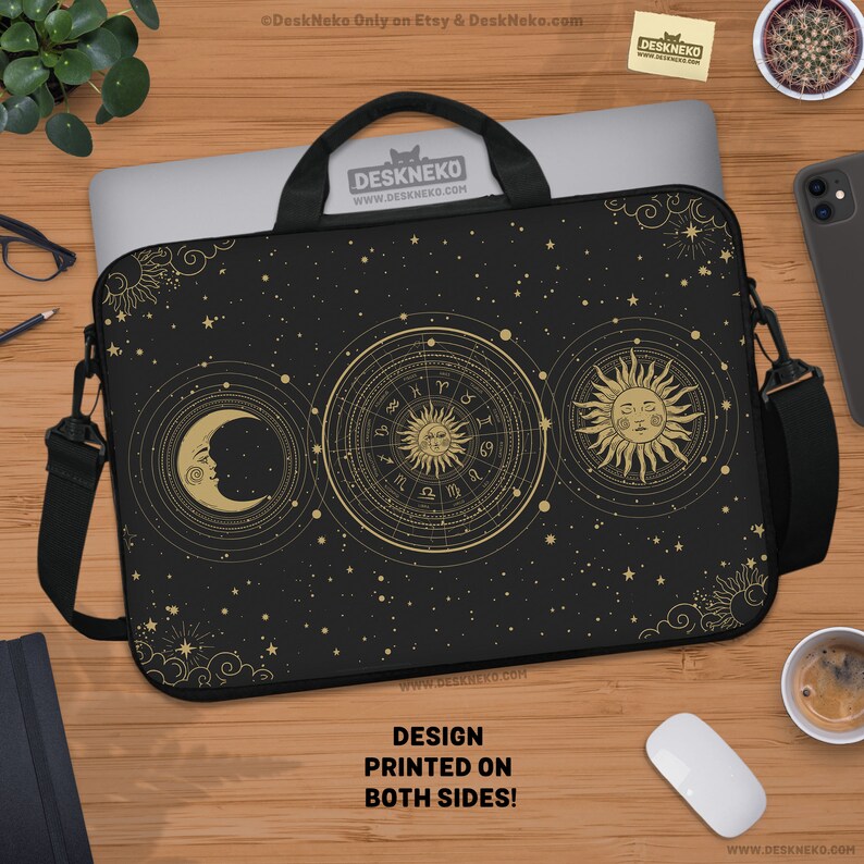 Celestial Laptop Sleeve, Witchy Computer Bag, Black Gold Lunar Moon Art ...
