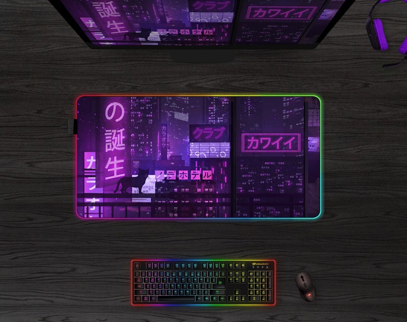 Japanese Desk Mat RGB Neon Tokyo Cat LED Gaming Mousepad With - Etsy