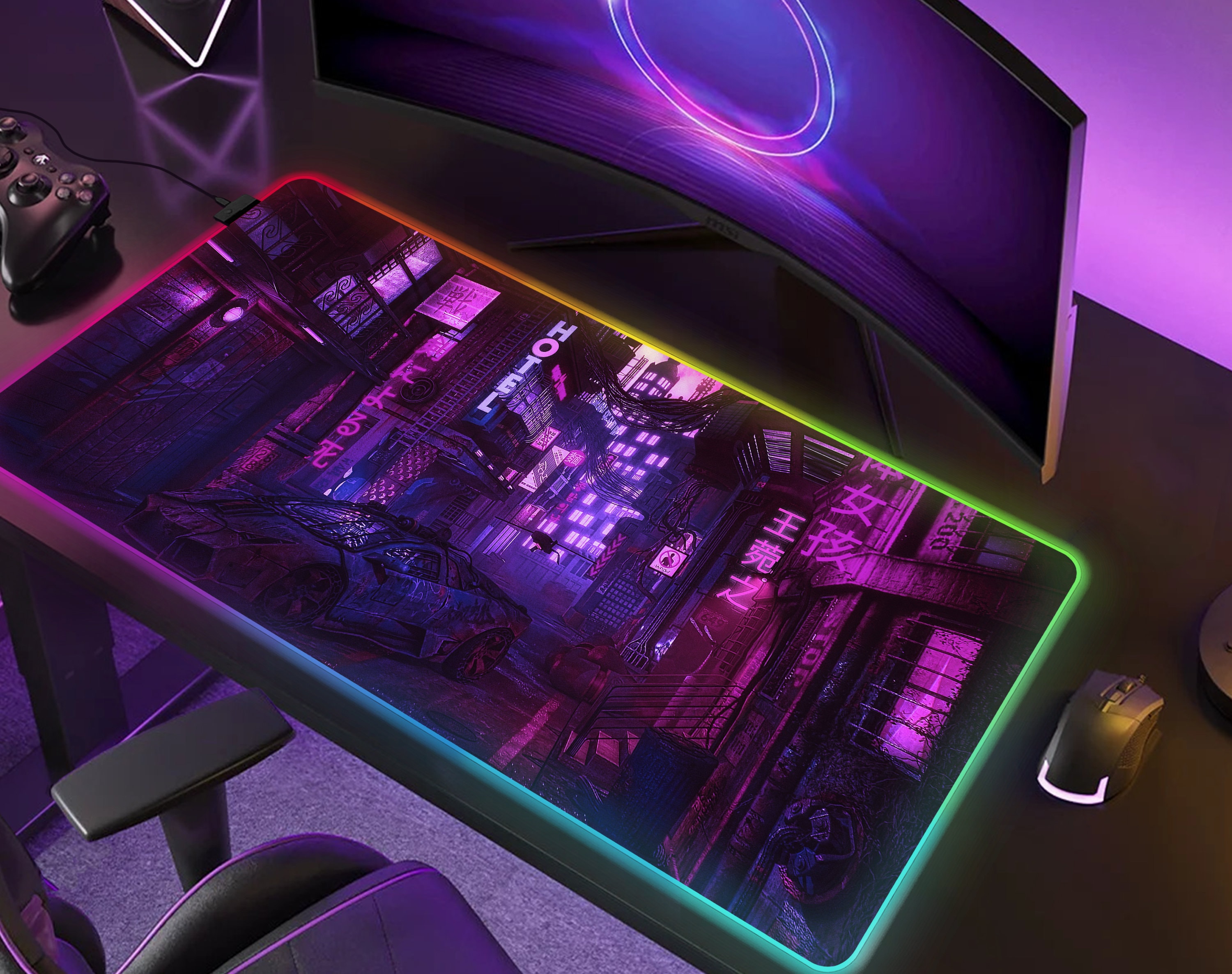 Cyberpunk Desk mat RGB, Vaporwave Mousepad neon city, Tokyo Deskmat Led ...